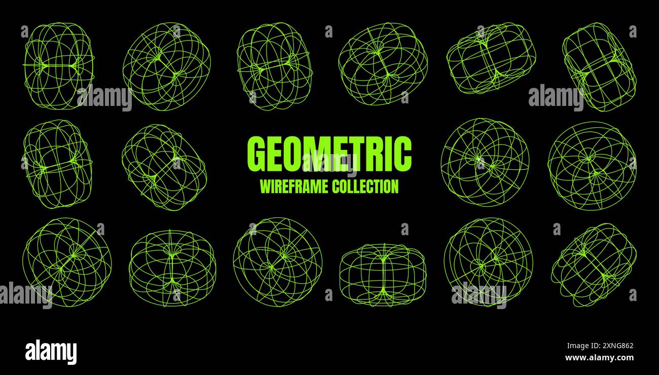Wireframe lined shapes. Perspective mesh, 3d grid. Low poly geometric ...