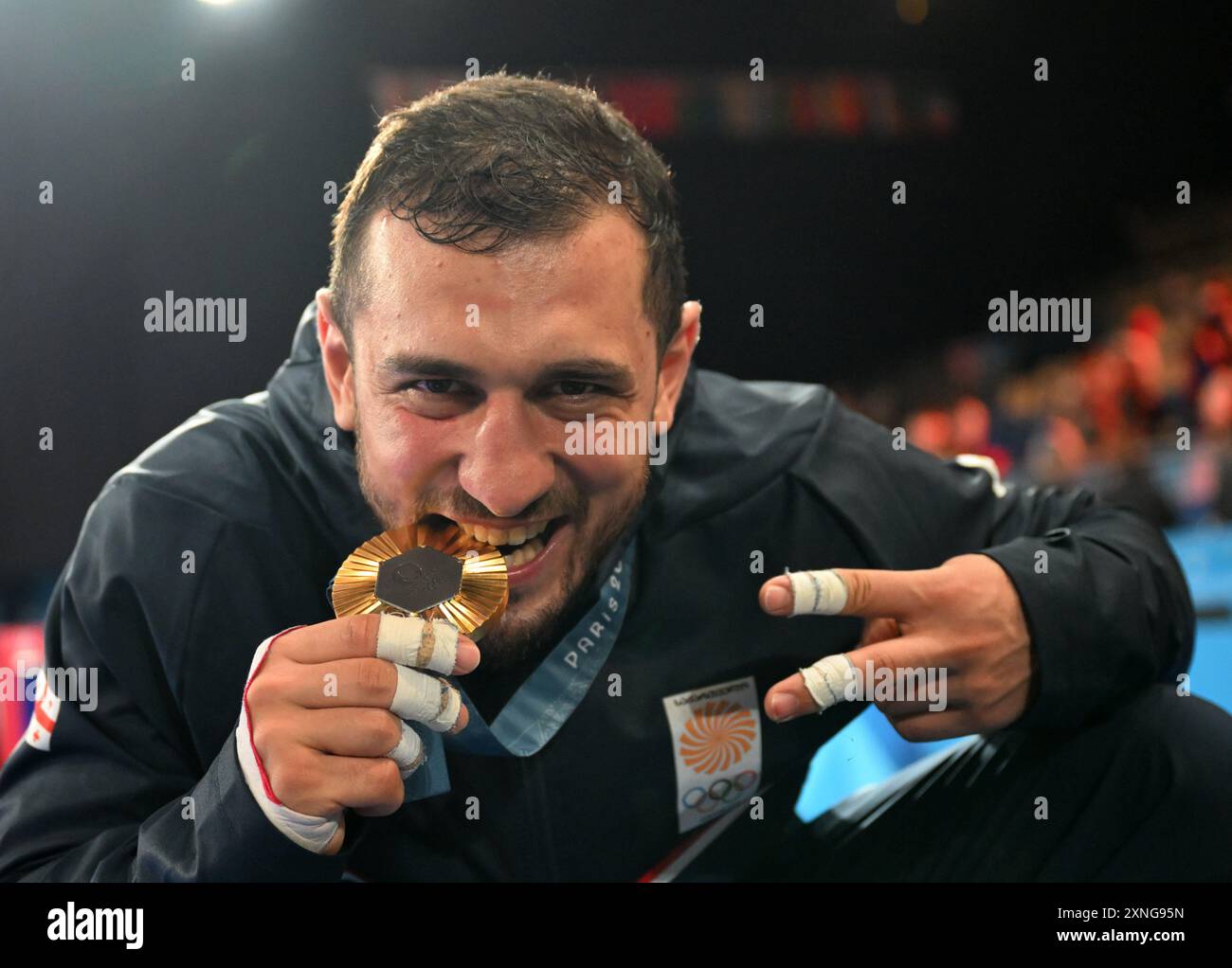 Paris, France. 31st July, 2024. Lasha Bekauri of Georgia celebrates ...
