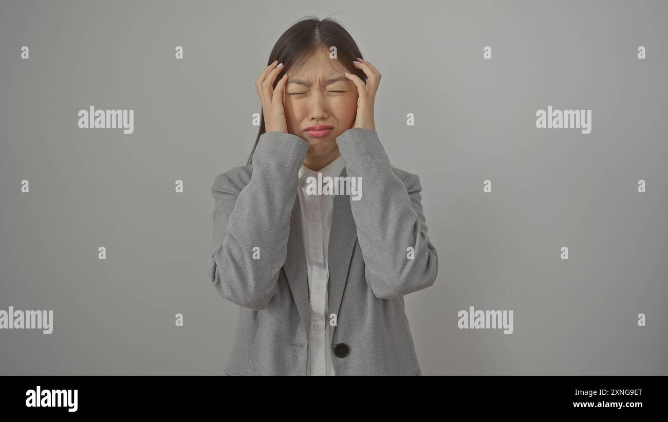 A stressed young asian woman in a business suit poses with a headache ...