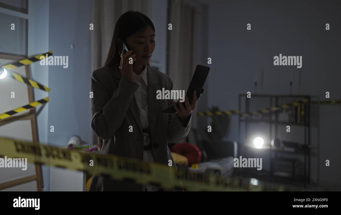 Asian woman detective in suit examines notebook at dimly lit indoor ...