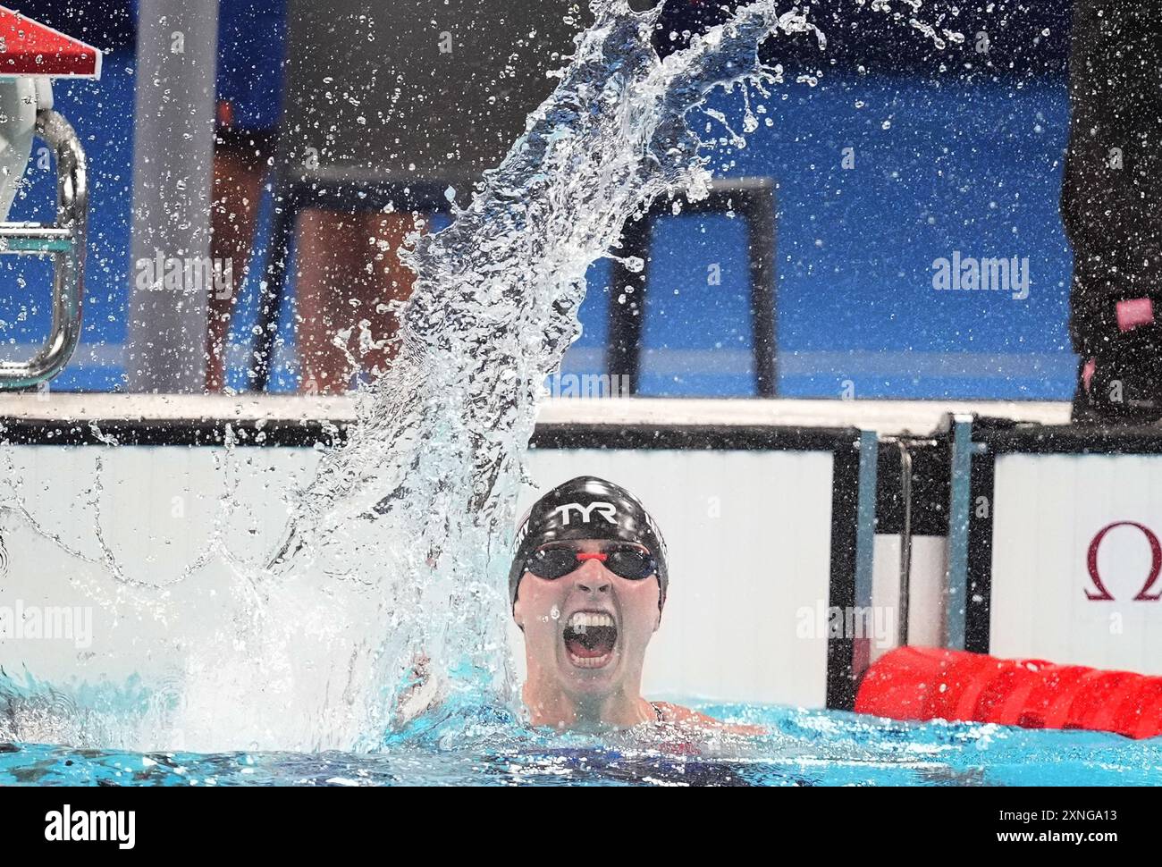 Paris, France. 31st July, 2024. Katie Ledecky of the U.S. celebrates ...