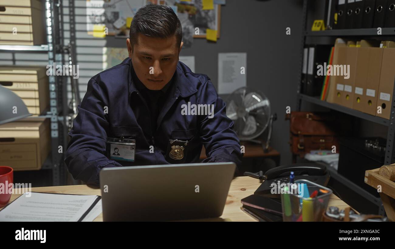 A focused young hispanic man works diligently in a cluttered detective ...