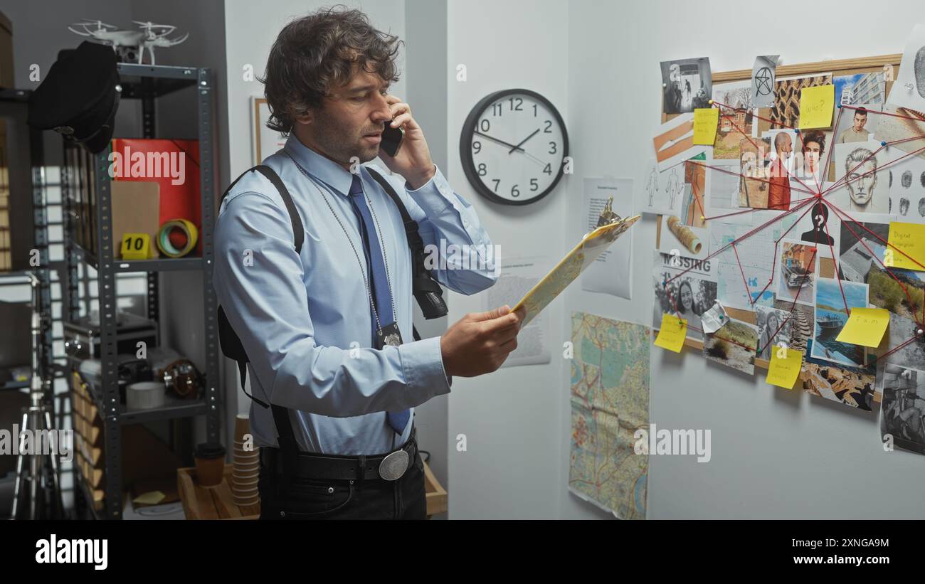 Hispanic detective man in office analyzing evidence on board while ...