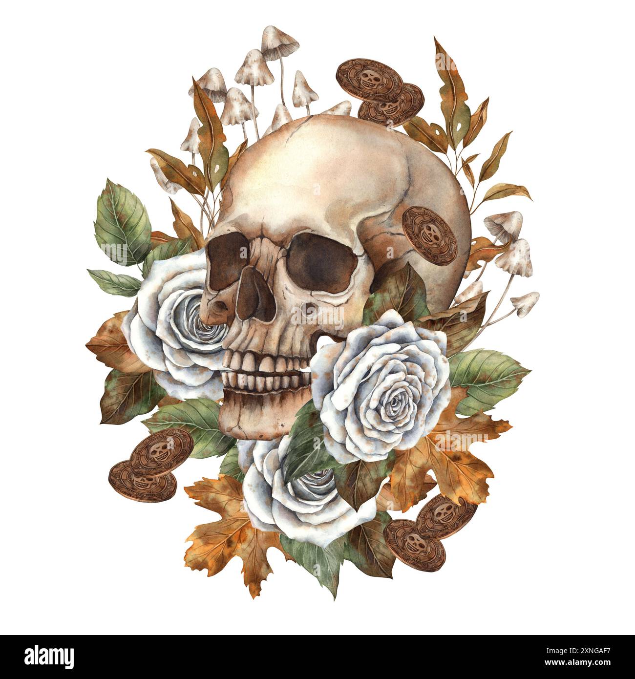 Skull with white roses, green and autumn leaves, mushrooms and pirate ...