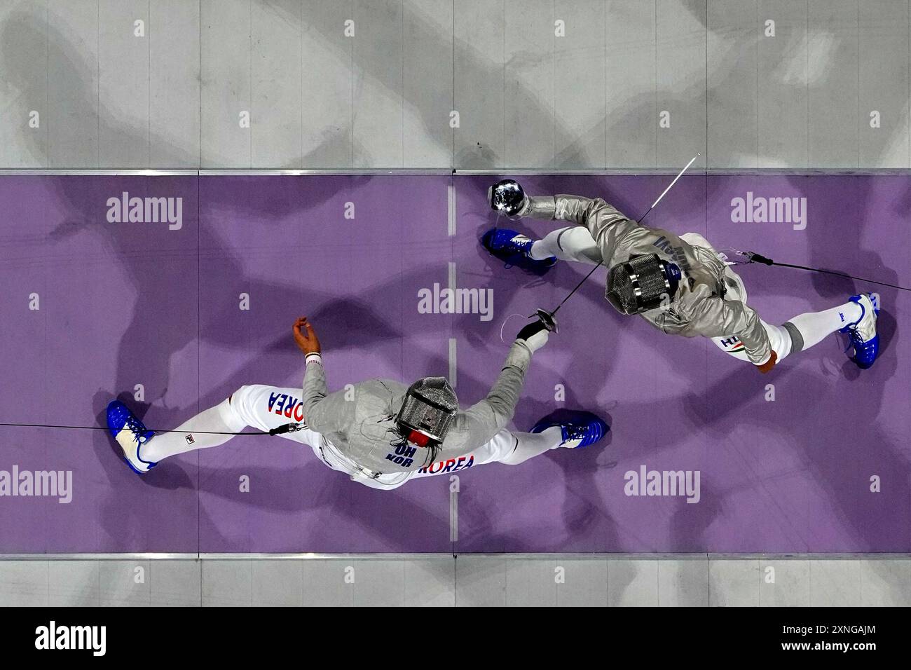 South Korea's Oh Sanguk, right, and Hungary's Aron Szilagyi compete in ...