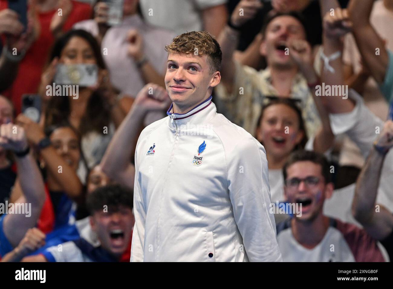 Paris, France. 31st July, 2024. Gold medallist French swimmer Léon ...