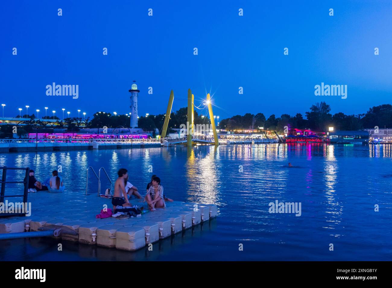 float on river Neue Donau New Danube, floating bridge Ponte Cagrana ...