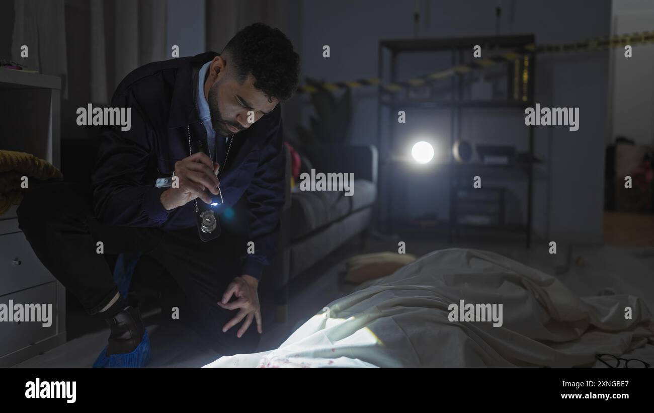 Hispanic detective man investigating a crime scene in a dimly lit ...