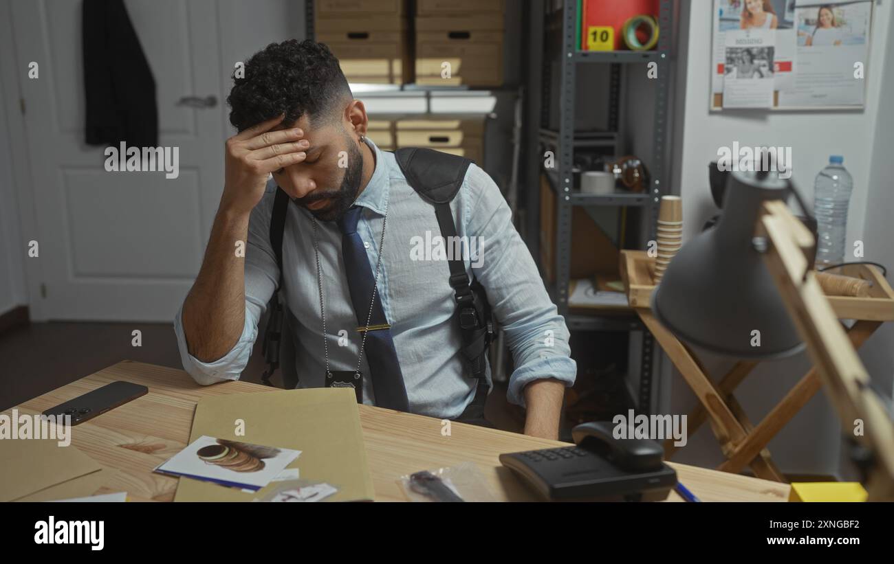 A stressed hispanic detective in a modern office, with evidence ...