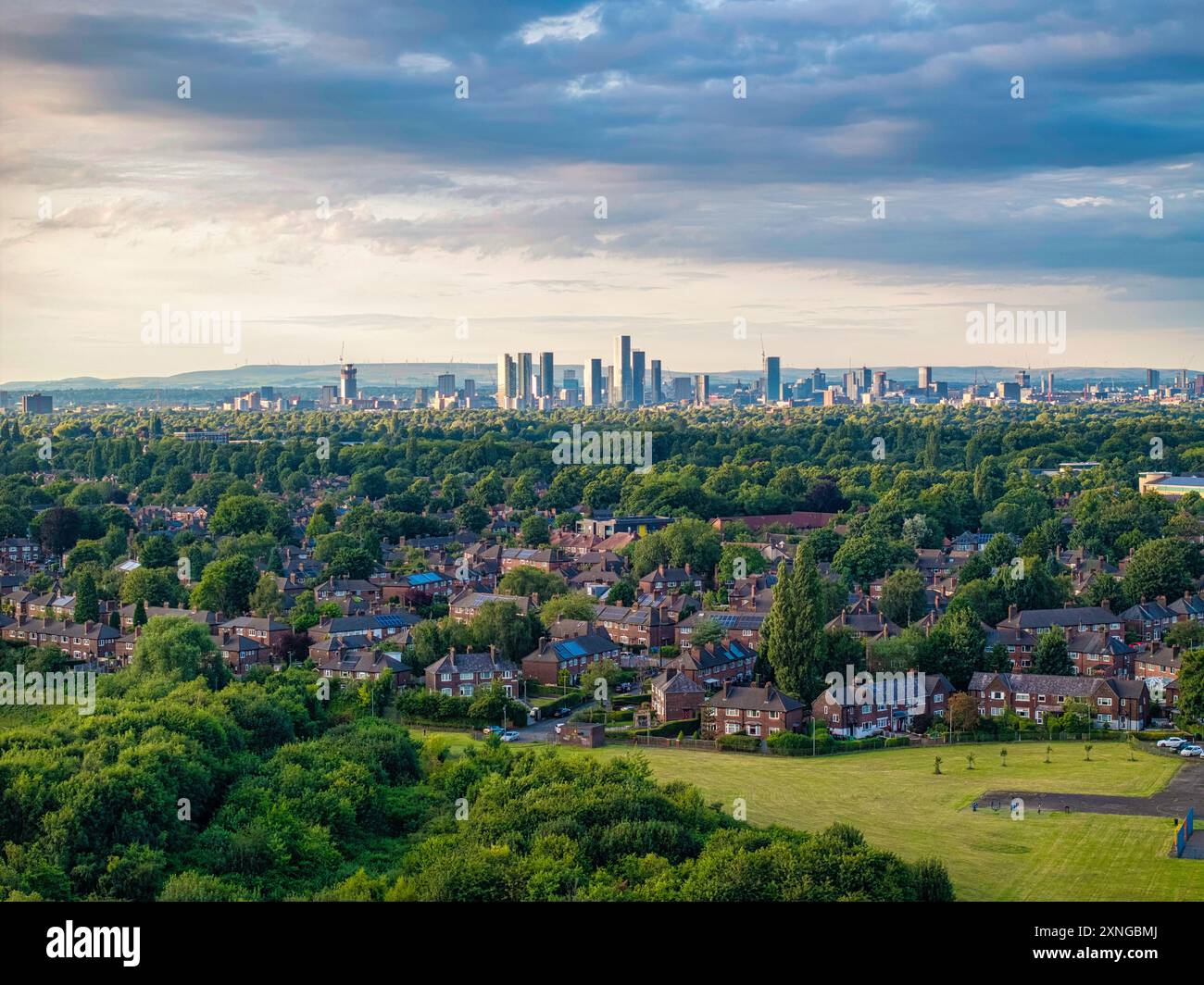 Aerial view of a suburban residential area with a city skyline in the ...