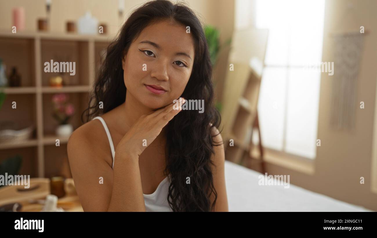 Beautiful young chinese woman in spa wellness center posing indoors ...
