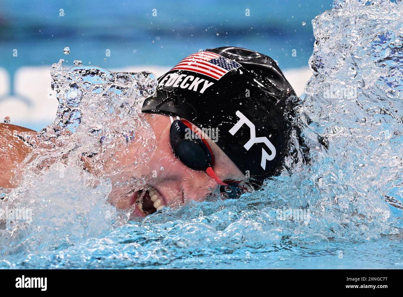 Paris, France. 31st July, 2024. American swimmer Katie Ledecky reacts ...