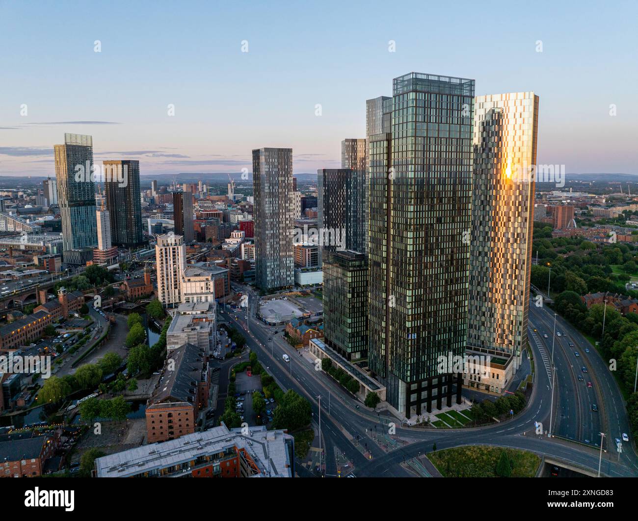 Aerial view of modern skyscrapers in Manchester at dusk Stock Photo - Alamy
