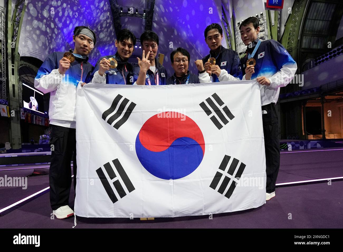South Korea's fencers Oh Sanguk, Gu Bongil, Park Sangwon and Do Gyeongdong pose for ...
