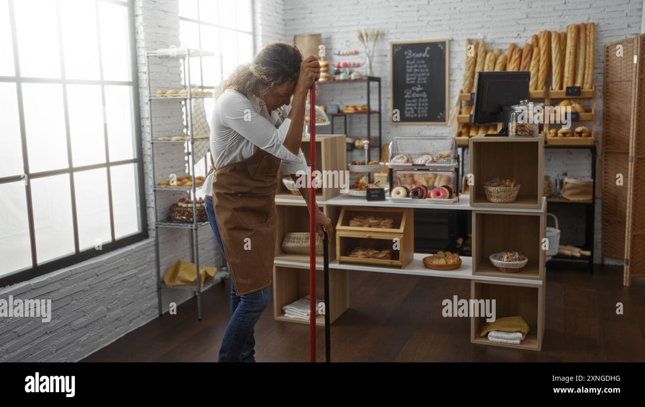 Woman mopping bakery floor with shelves of baked goods indoors Stock ...