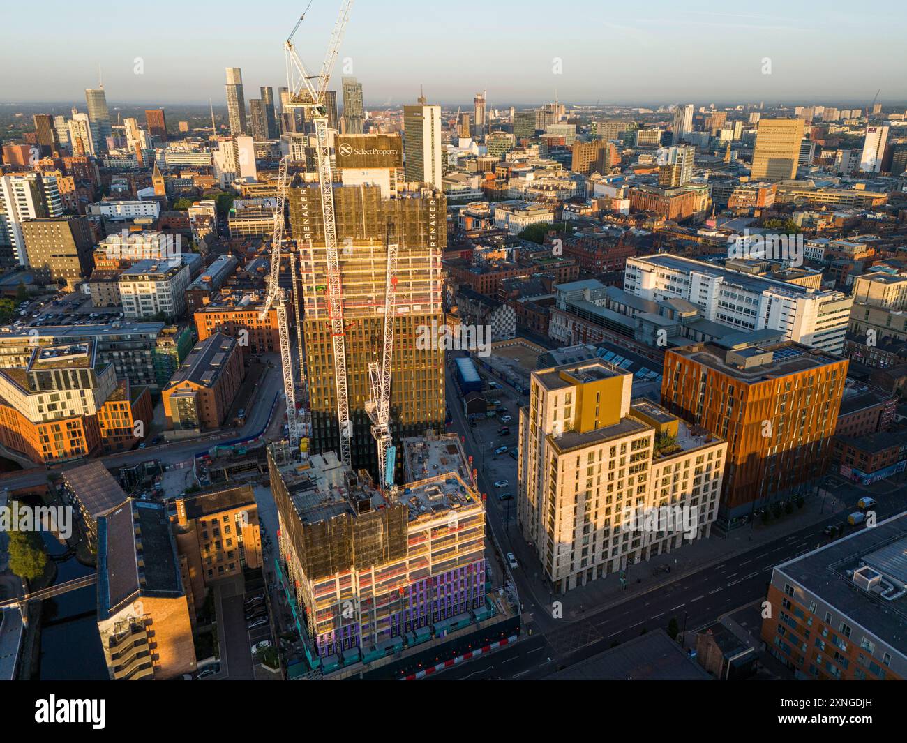 Aerial view of a skyscraper under construction on Ancoats area ...