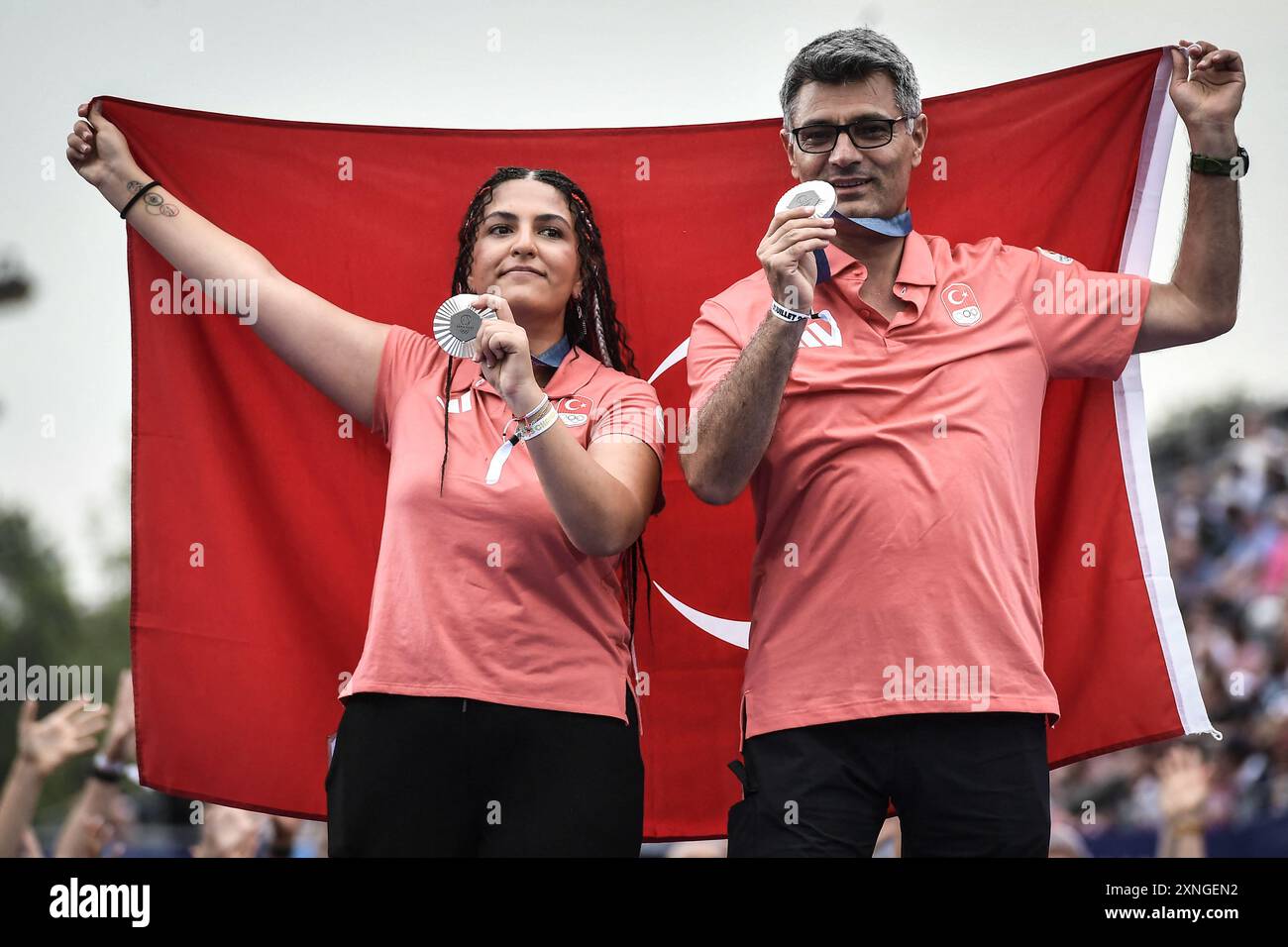 Paris, France. 31st July, 2024. Turkey's silver medalist shooting team ...