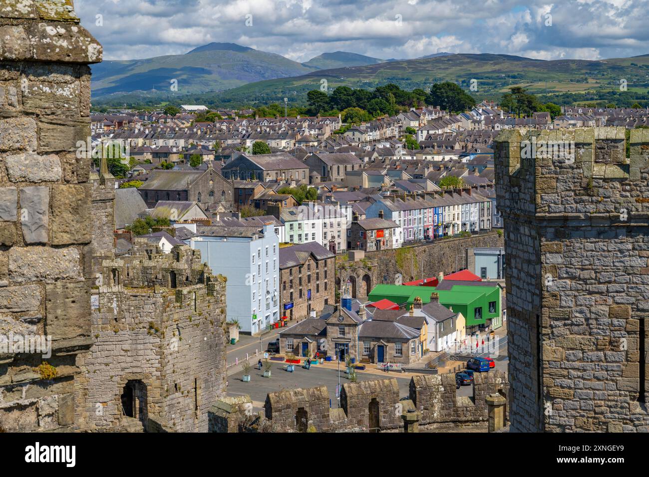 Banks of Afon Seiont and the old town from the walls of Caernarfon ...