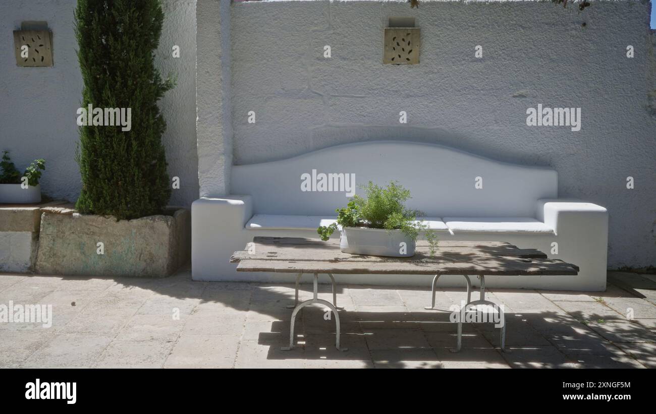 White seating area and rustic wooden table with a potted plant against ...