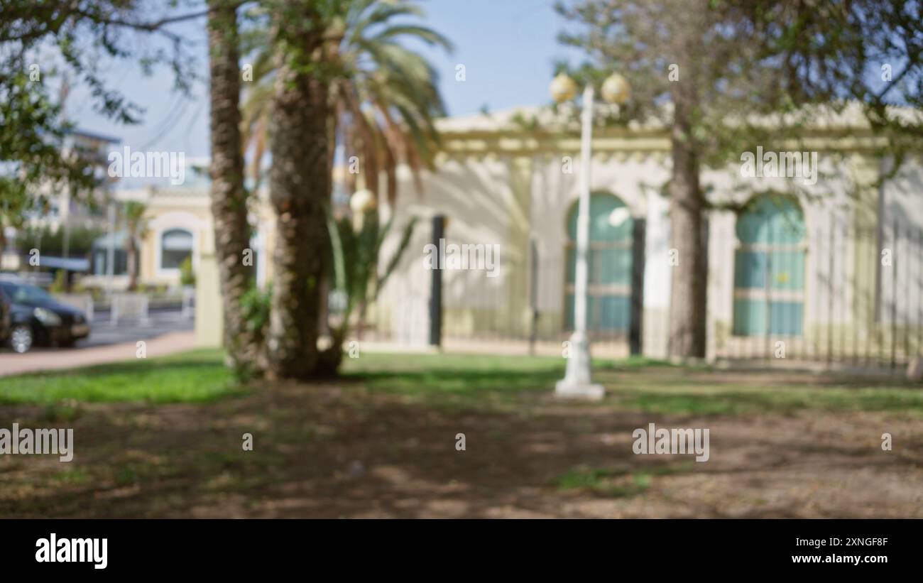 Defocused view of an outdoor urban scene with trees, a parked car, and ...