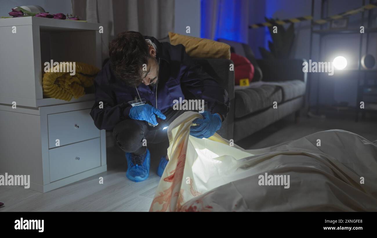 Hispanic man investigating a crime scene at a house, examining evidence ...