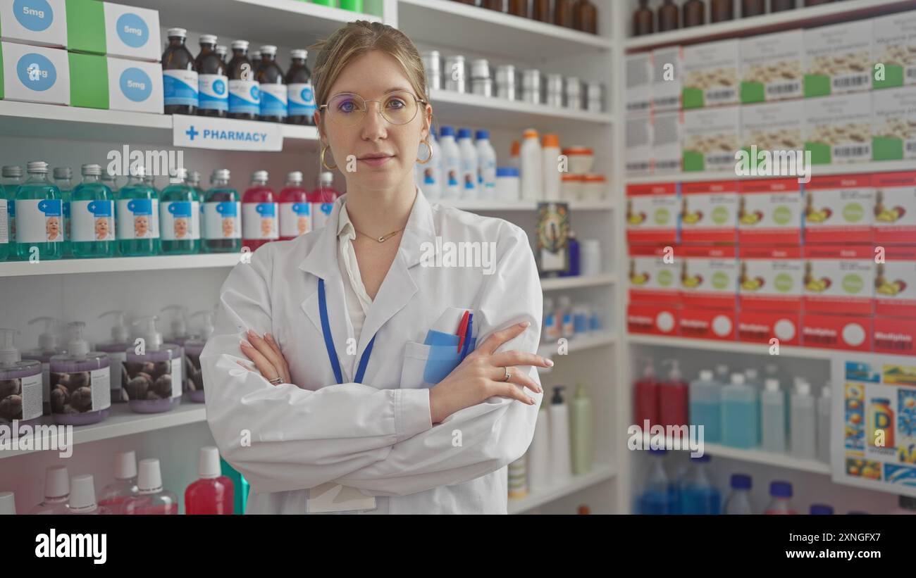 A confident young woman pharmacist with arms crossed in a well-stocked ...