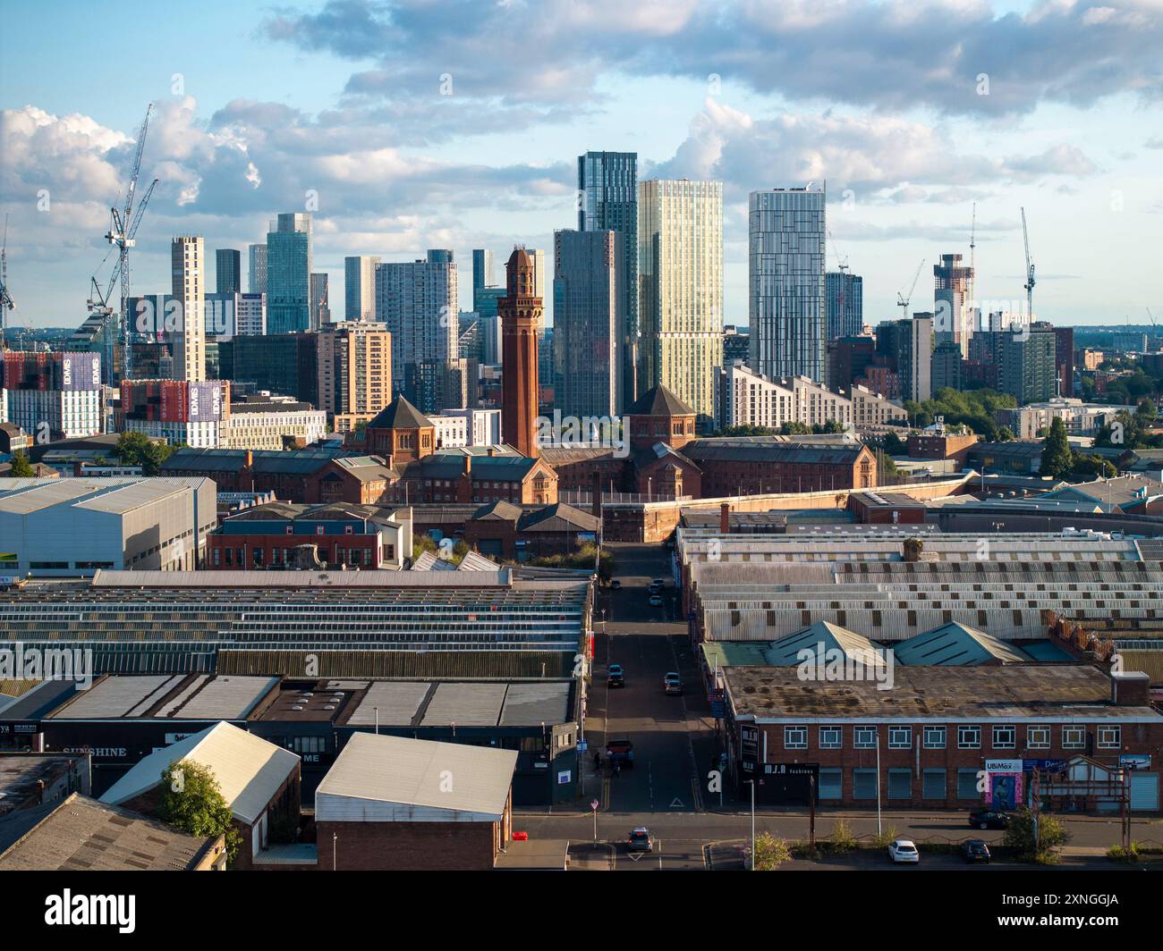 Aerial view of Manchester cityscape with skyscrapers and construction ...