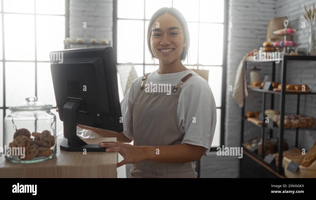 Woman working in bakery shop, smiling behind counter with cookies jar ...