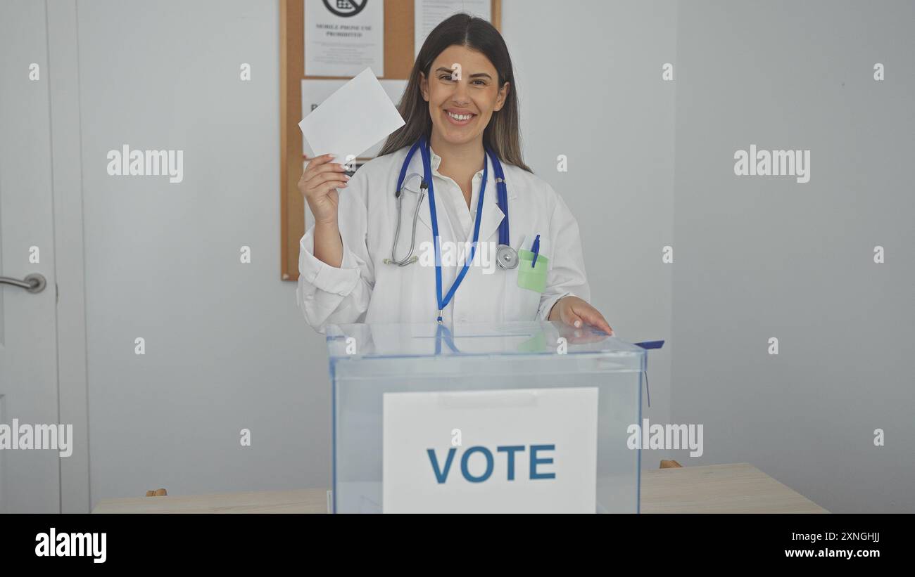 A hispanic woman doctor votes in an indoor electoral college setting ...