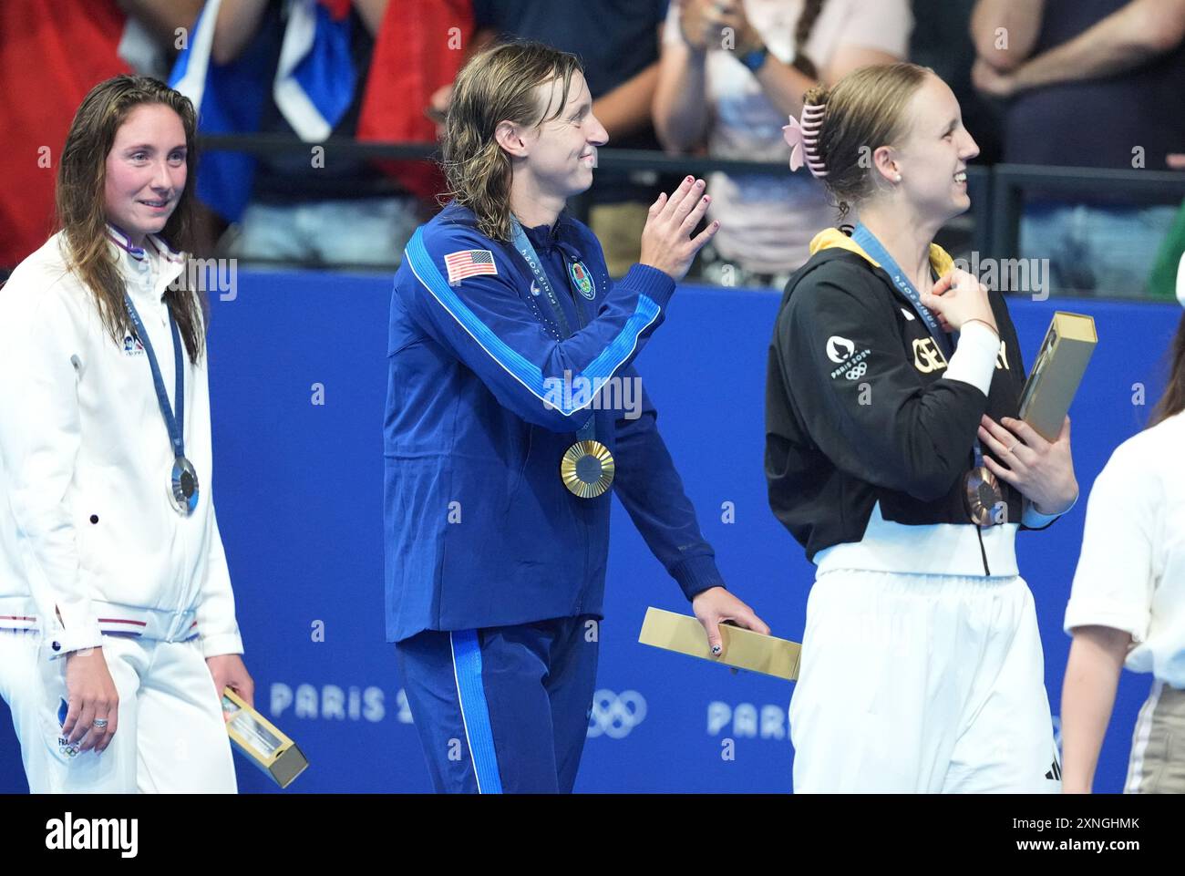 Paris, France. 31st July, 2024. Women's 1500m Freestyle Finals gold medalist Katie Ledecky of ...