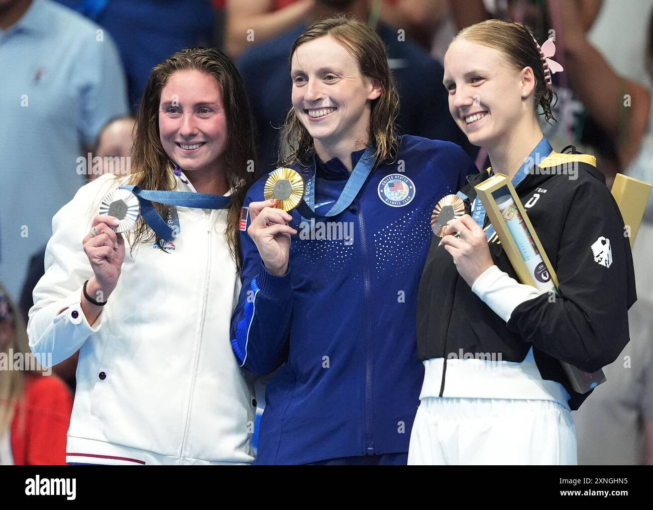 Paris, France. 31st July, 2024. Women's 1500m Freestyle Finals gold medalist Katie Ledecky of ...