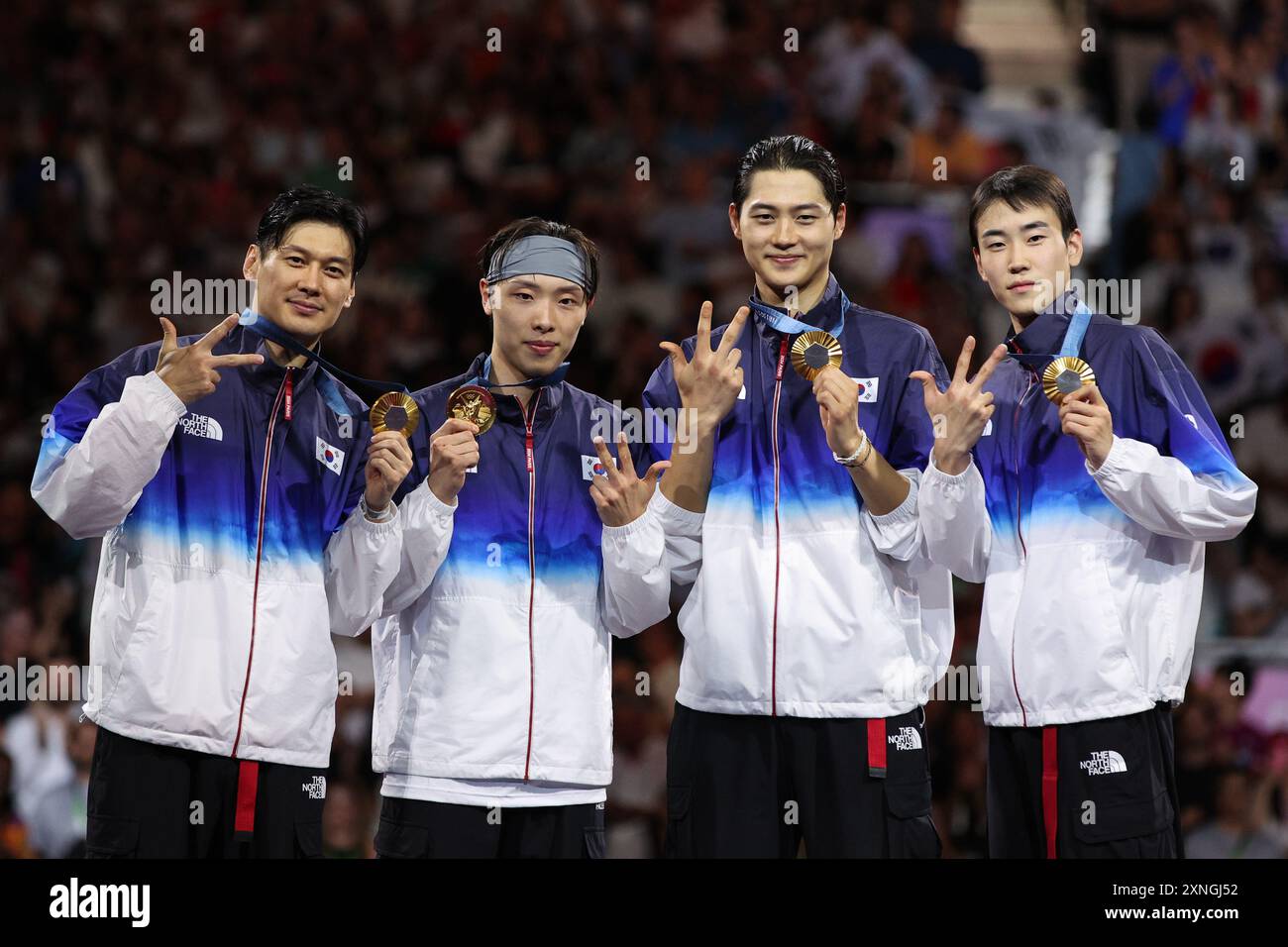 PARIS, FRANCE. 31st July, 2024. Gold medalists Bongil Gu, Sanguk Oh ...