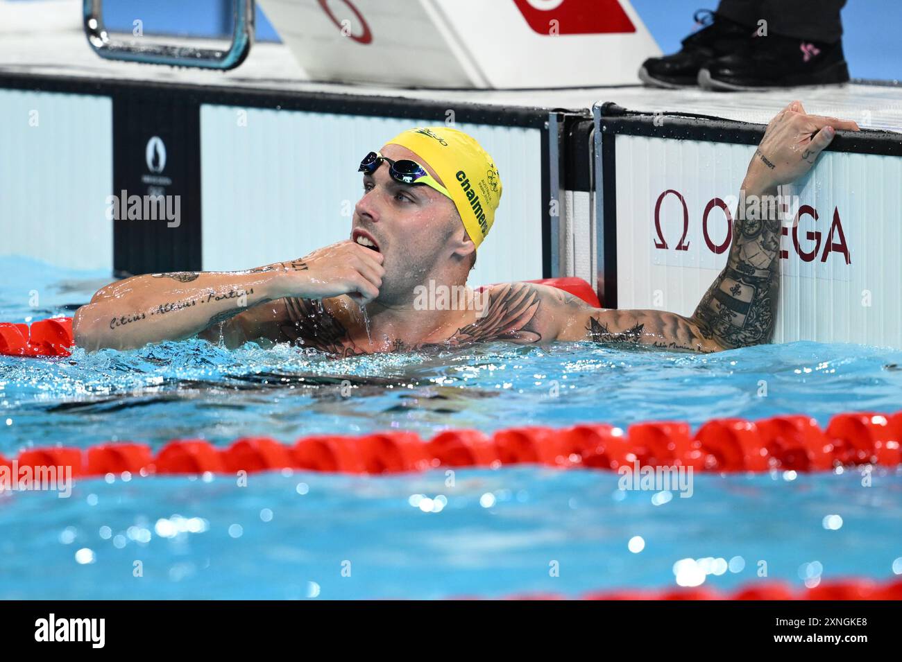 Paris, France. 31st July, 2024. Australian swimmer Kyle Chalmers reacts ...