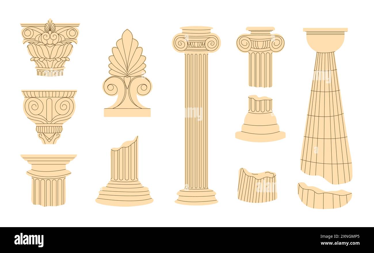 Greek antique columns. Architectural elements of ancient Hellas. Museum exhibits from Ancient ...