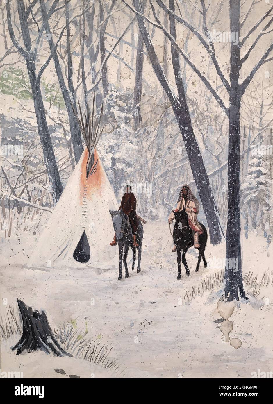 Two Native Americans on horseback ride past a teepee set up in a snowy ...