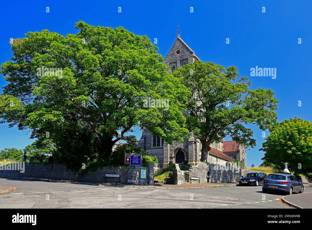 Front entrance and trees, St Augustine's Church, Penarth, South Wales ...