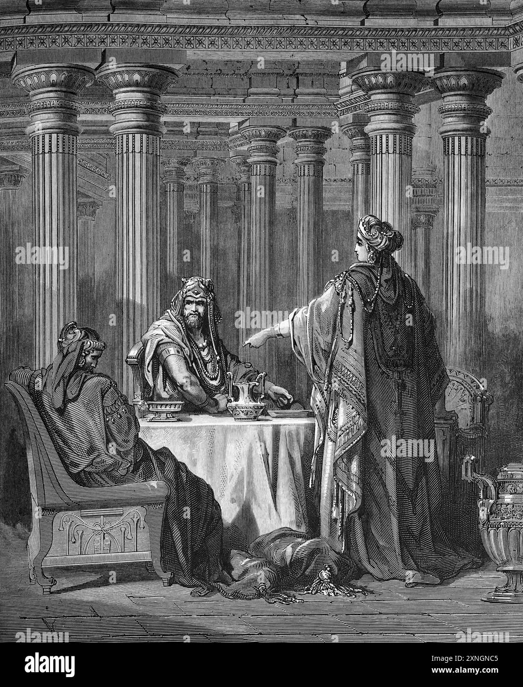 Wood Engraving of Esther Accusing Haman (Esther 7:5-7) by Gustave Dore ...