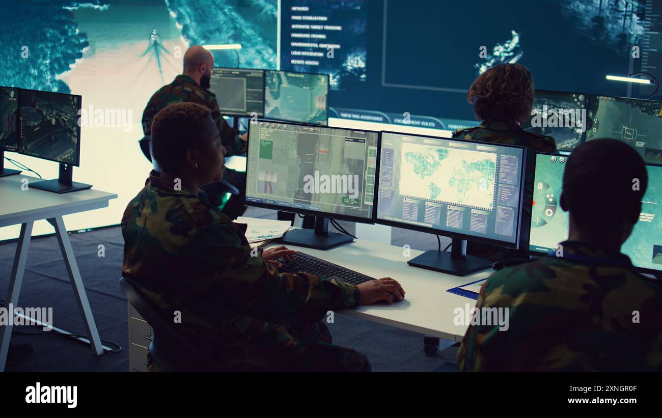 Army officer establishing new operating bases through a world map ...