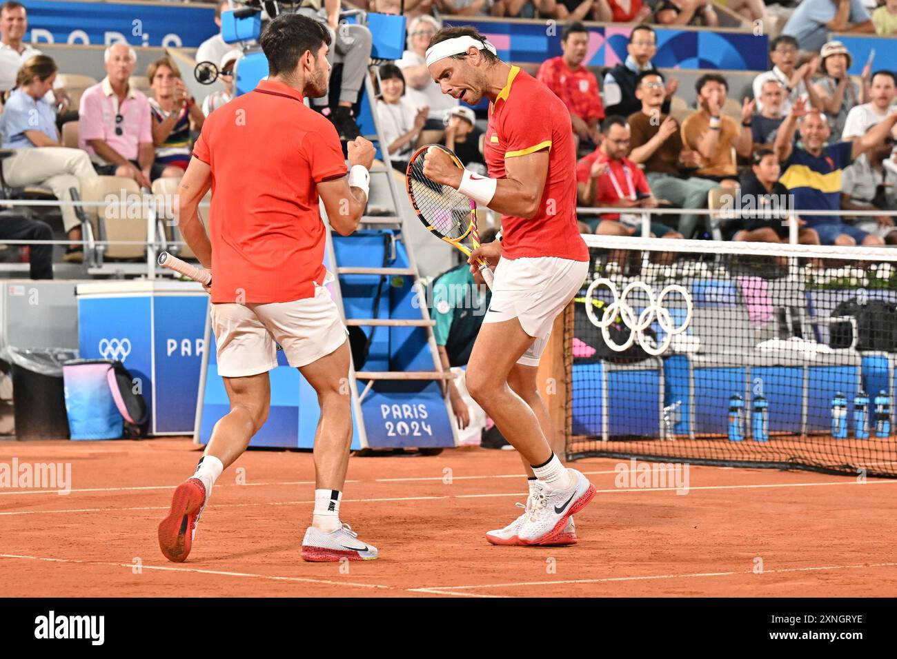 Paris, France. 31st July, 2024. Rafael Nadal and partner Carlos Alcaraz ...