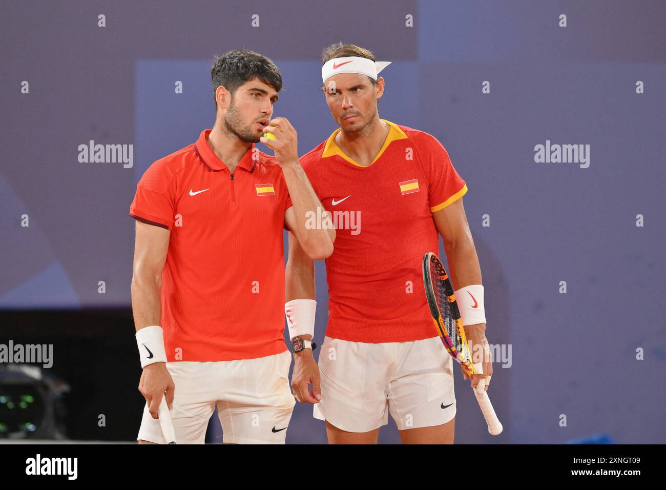 Paris, France. 31st July, 2024. Rafael Nadal and partner Carlos Alcaraz ...