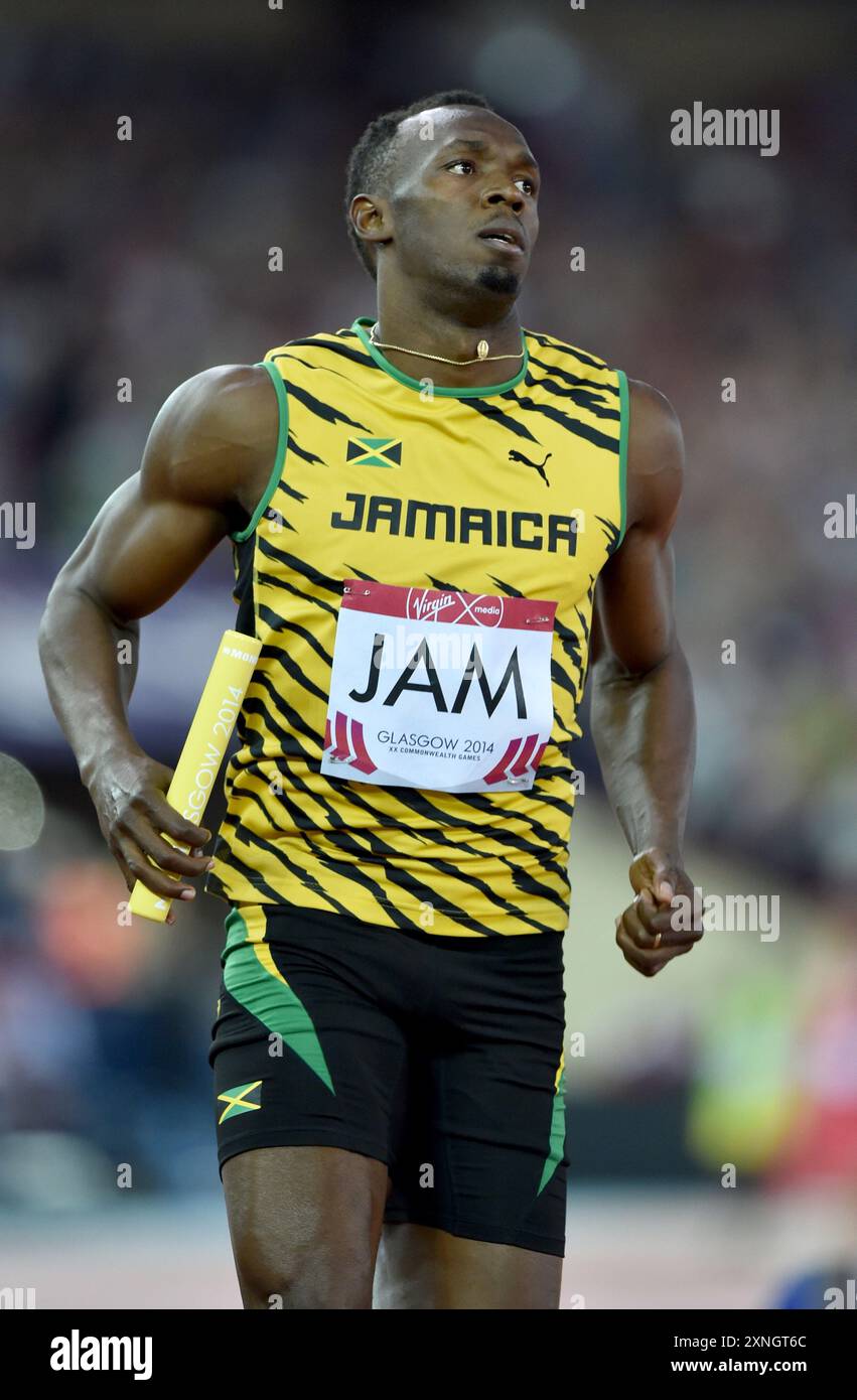 Glasgow Commonwealth Games 2014, Hampden Park. Men's 4x100 relay heat 2.Usain Bolt running the ...