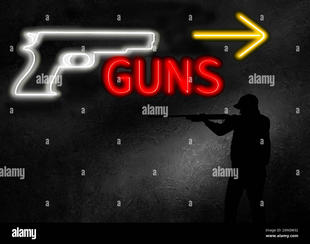 A man with a gun takes aim outside at night in front of a neon gun ...