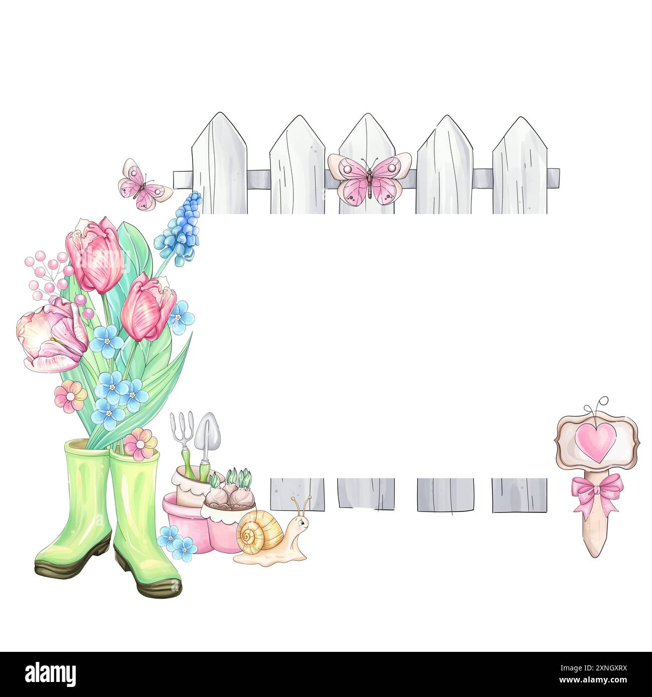 Hand draw garden frame white fence for copy space. Farmer border with ...