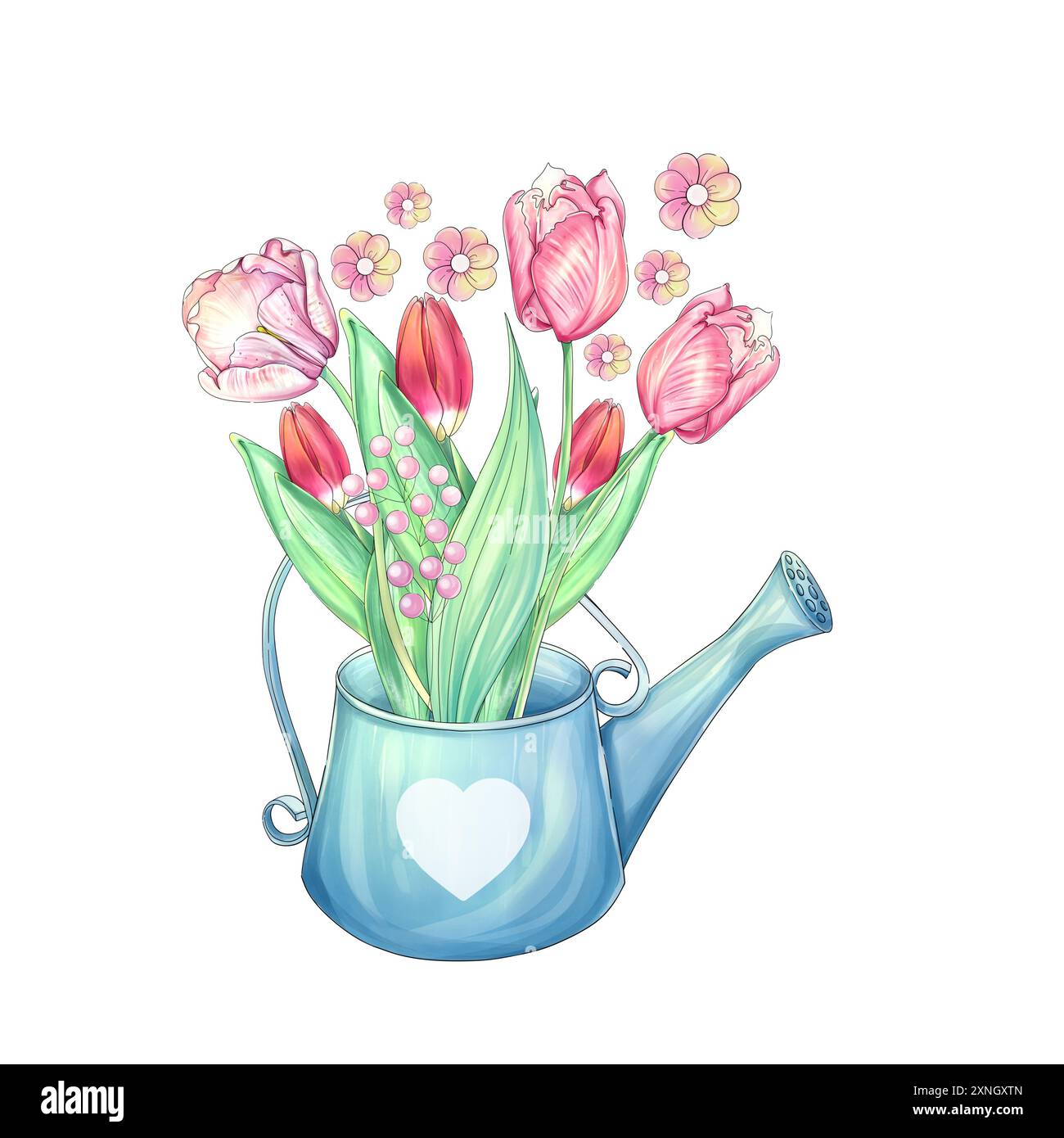 Watercolor romantic illustration with watering can and tulips ...