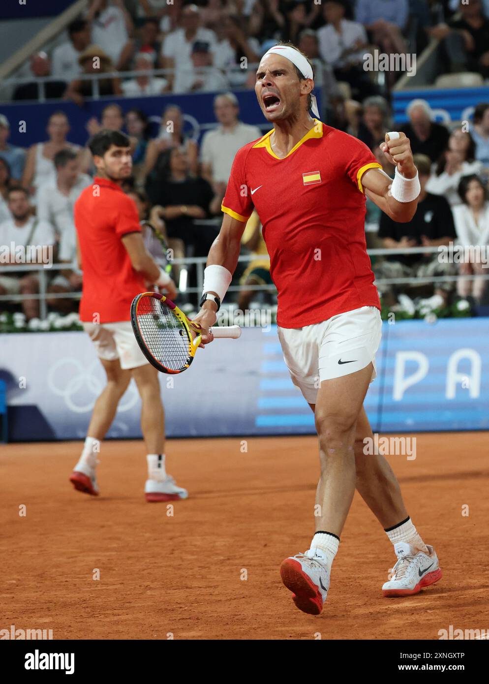 Paris, France. 31st July, 2024. Rafael Nadal of Spain reacts during the ...