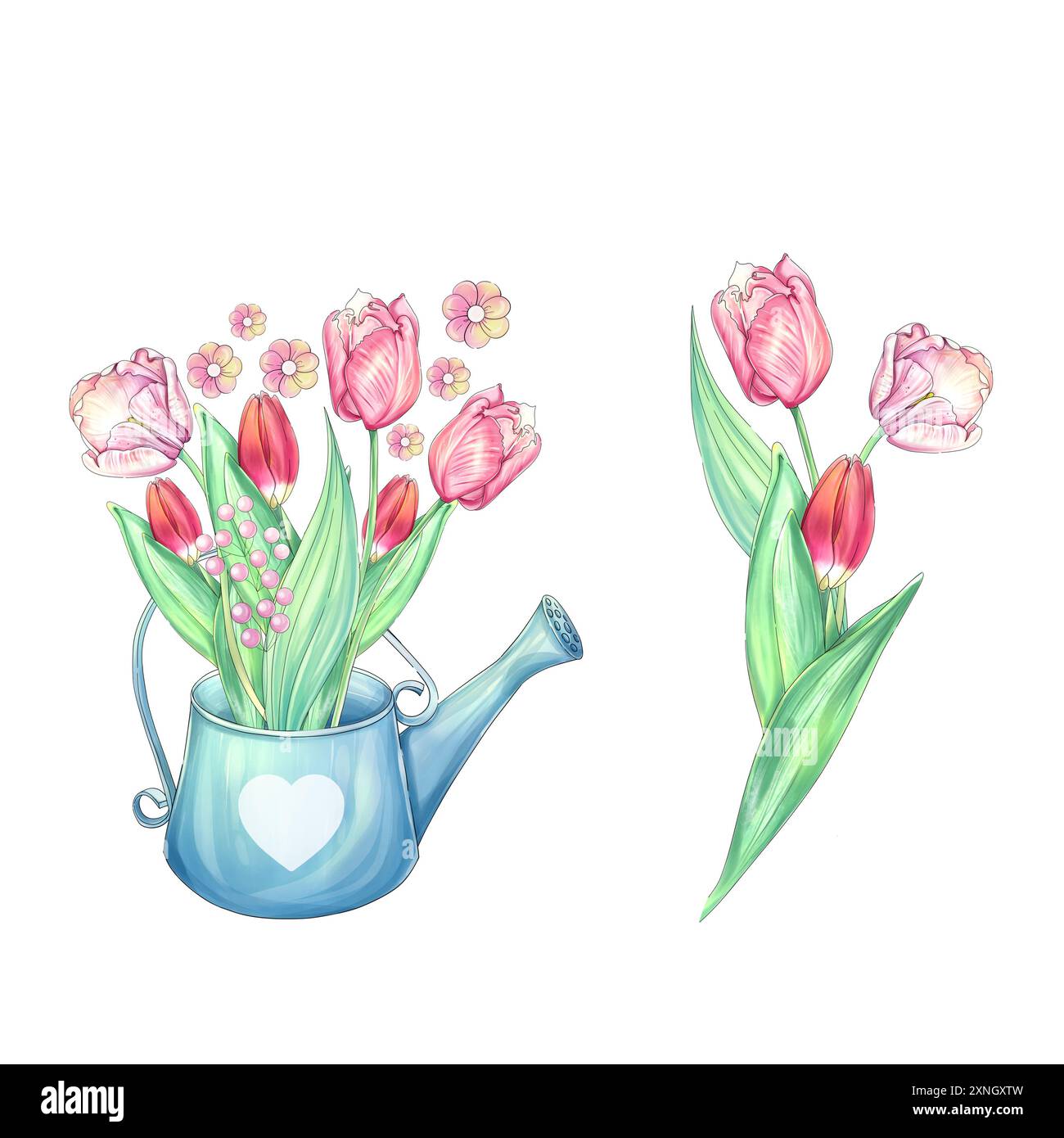 Watercolor romantic illustration with watering can and flowers ...