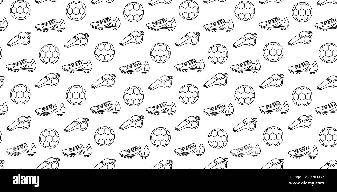 Seamless pattern with soccer balls, cleats, and whistles in a black and ...