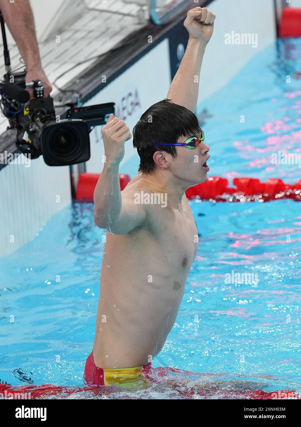 Paris, France. 31st July, 2024. Pan Zhanle of China celebrates after ...