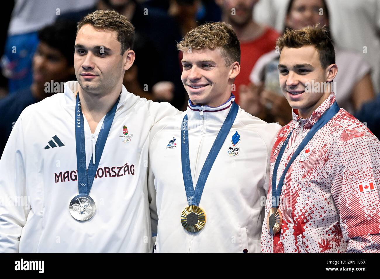 Paris, France. 31st July, 2024. Kristof Milak of Hungary, silver, Leon Marchand of France, gold ...