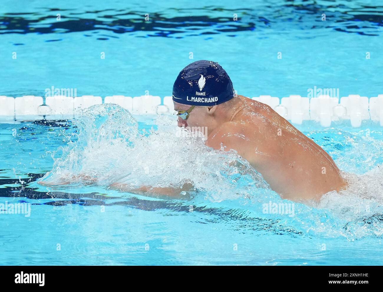 Paris, France. 31st July, 2024. Leon Marchand of France competes during ...